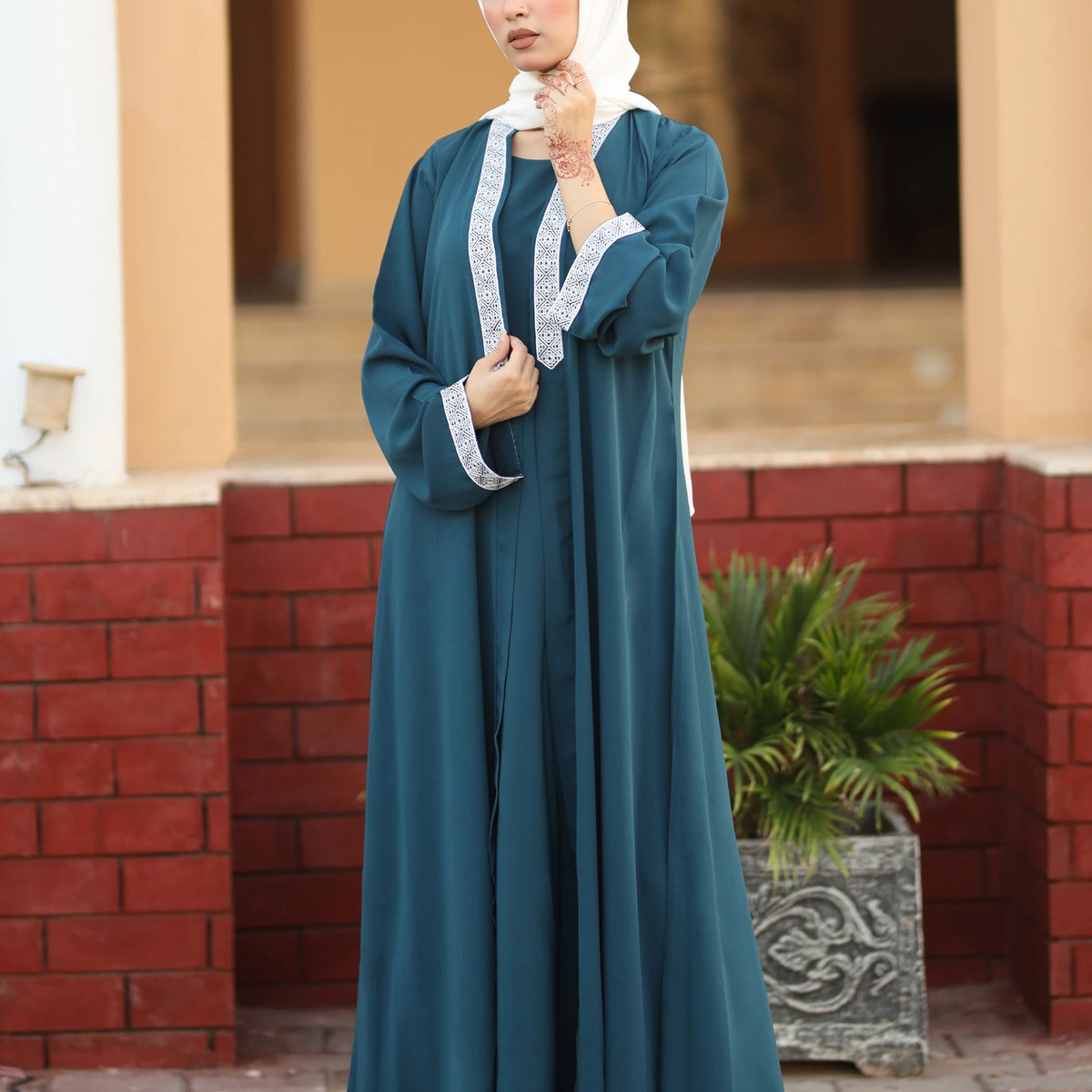 Zinc Blue Embroidered Open Abaya – Modora UK