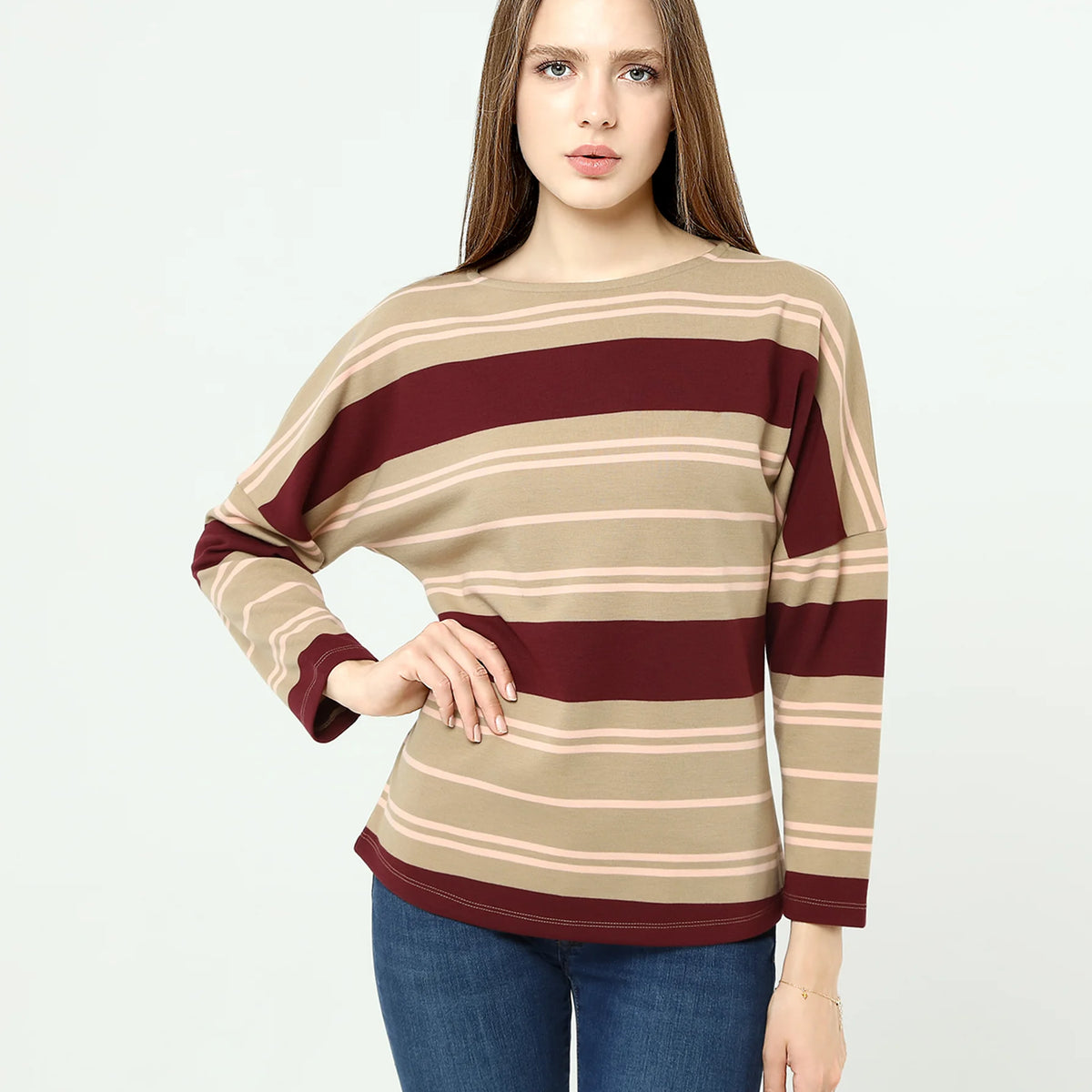 Women Batwing Top UK, Beige Striped Batwing Long Sleeve Top – Modora UK
