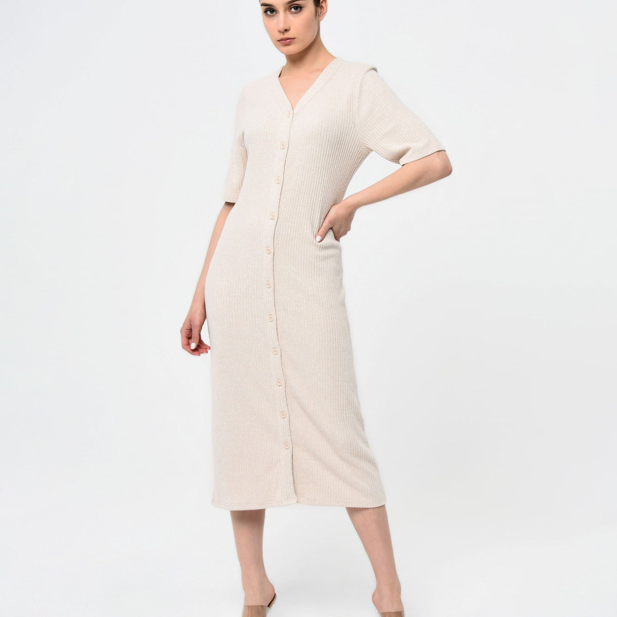 Beige Short Sleeve Buttoned Midi Dress UK | Button up Midi Dress ...